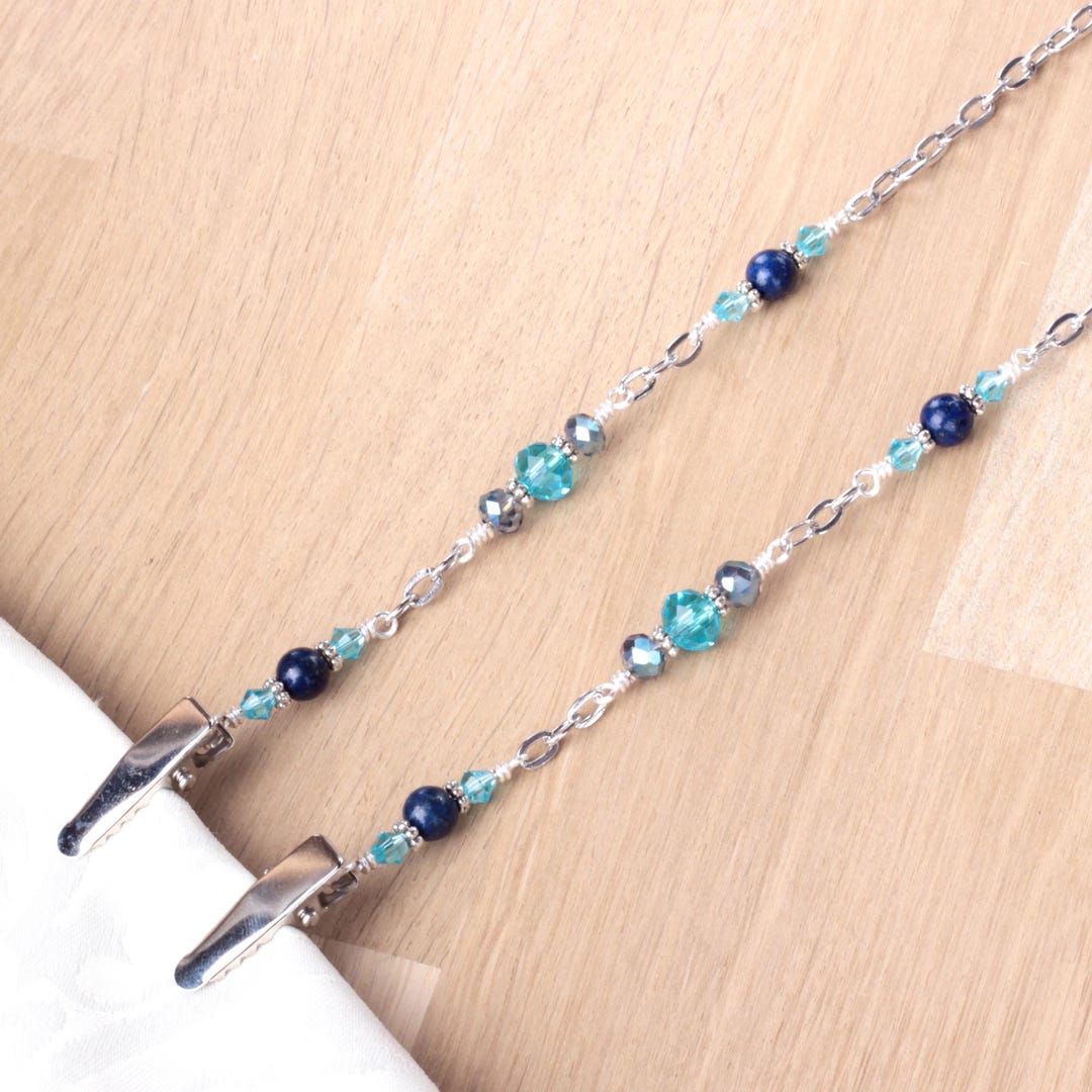 Napkin Neck Chain Clips - Lapis Lazuli Gemstone and Blue Bead Silver ...