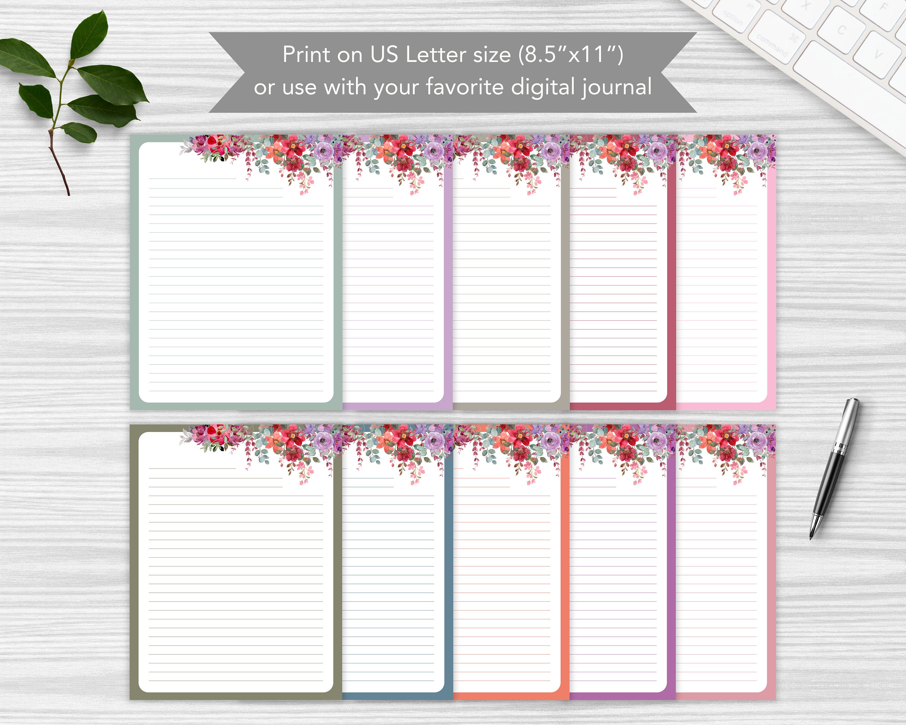 Printable Floral Journal Pages, iPad Journaling Pages, Floral Notebook ...