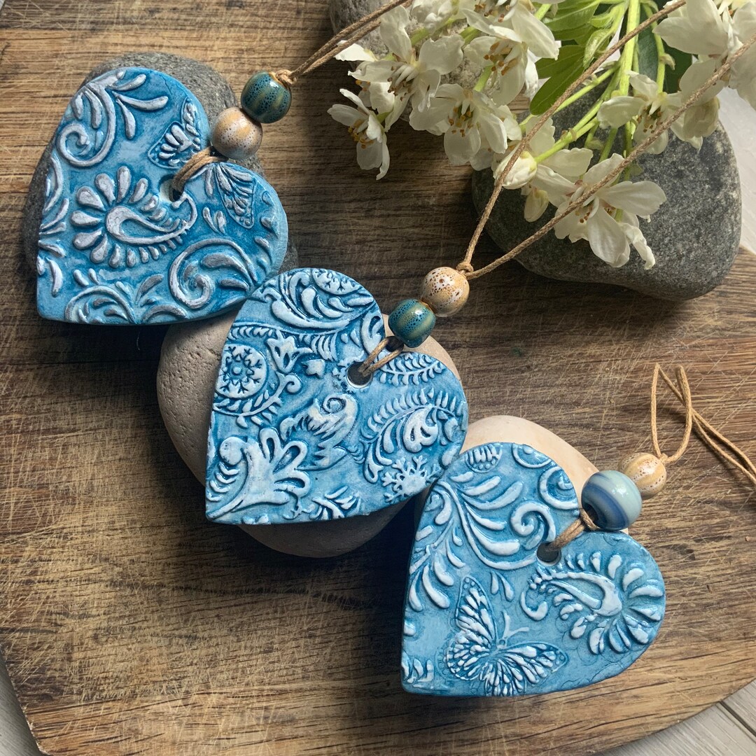 Handmade Embossed Blue Clay Heart Ornament Individual , Homemade Clay ...