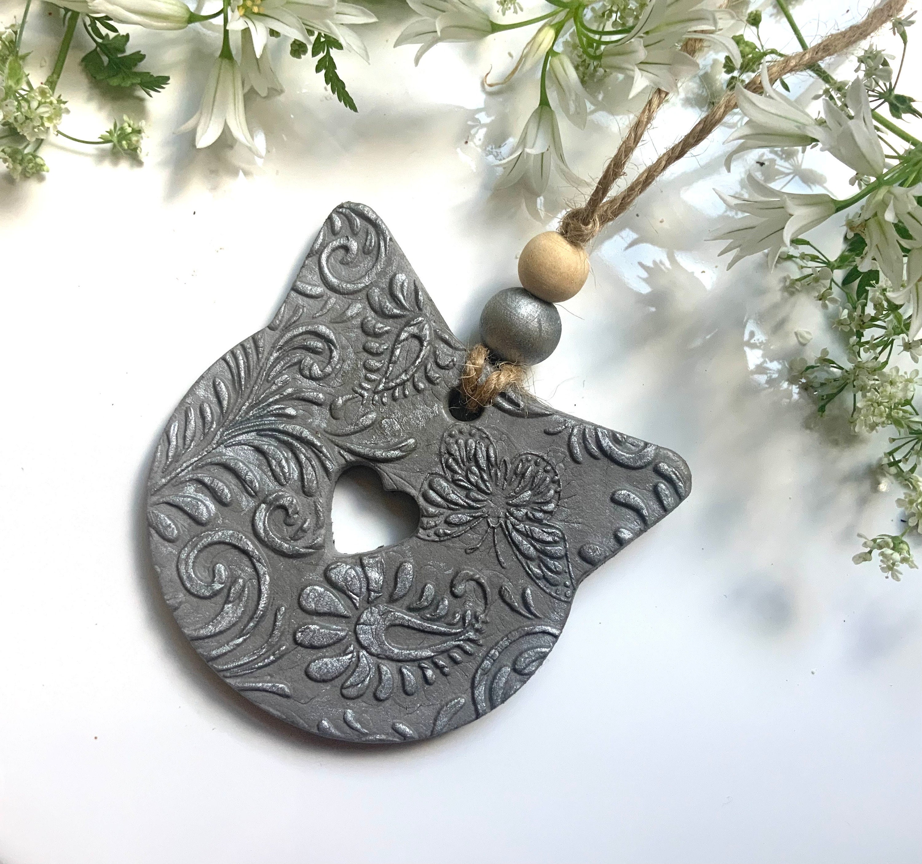 Clay Embossed Hanging Cat Ornament in Grey, Cat Lover, Tree Decoration ...