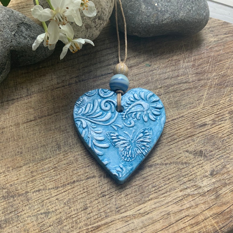 Handmade Embossed Bkue Clay Heart Ornament Individual , Homemade Clay ...