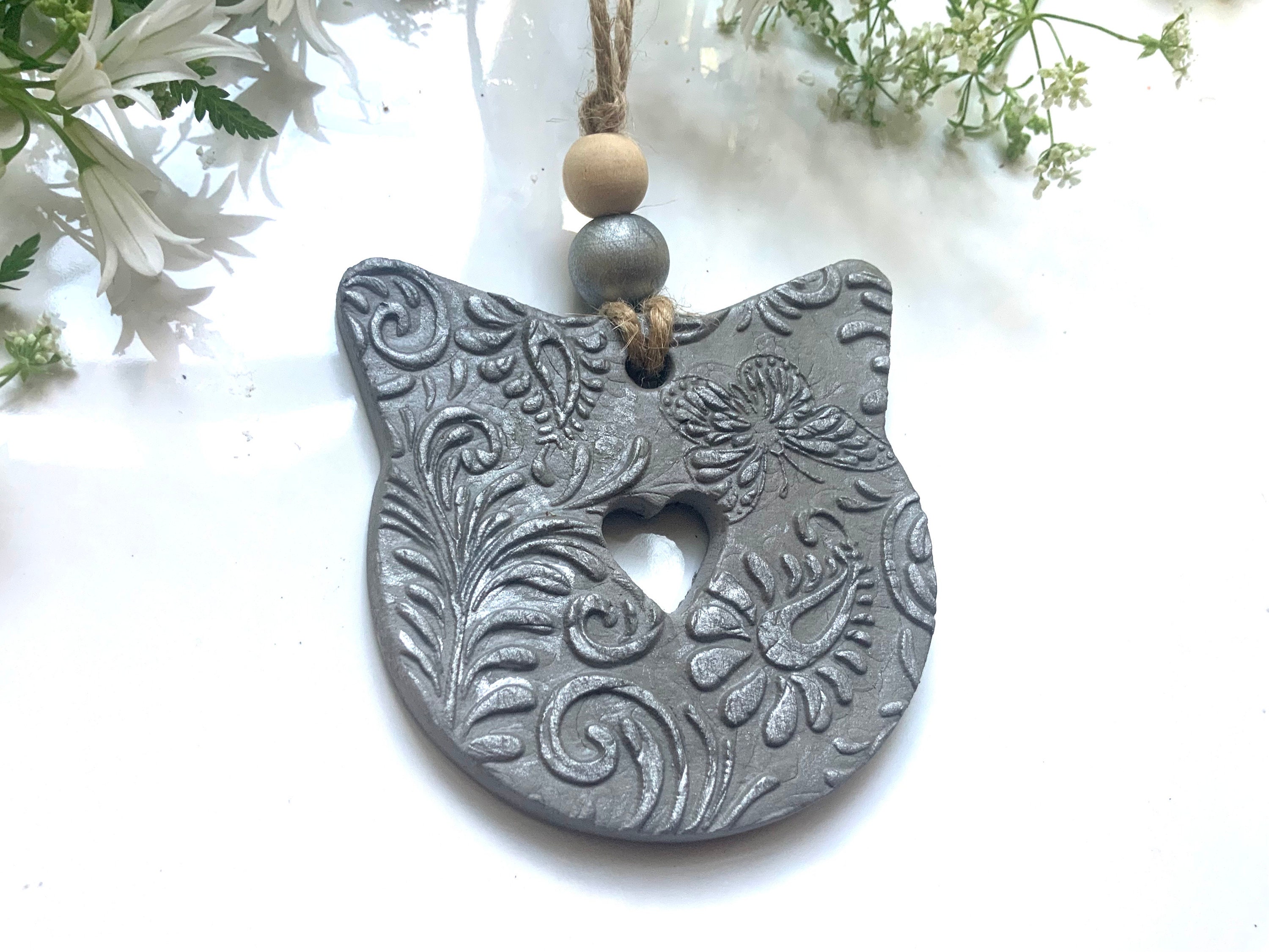 Clay Embossed Hanging Cat Ornament in Grey, Cat Lover, Tree Decoration ...