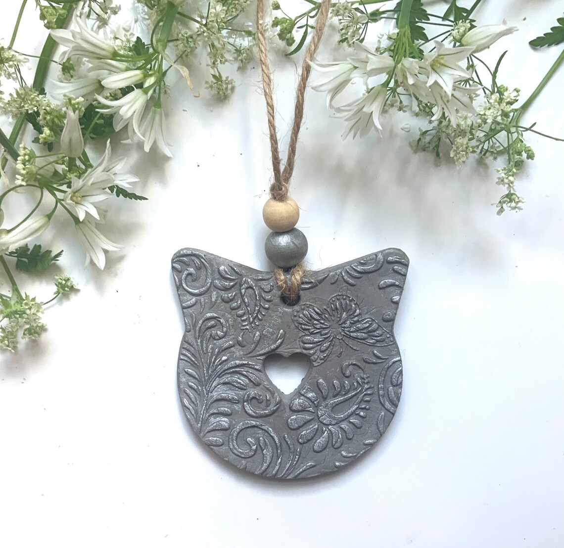 Clay Embossed Hanging Cat Ornament in Grey, Cat Lover, Tree Decoration ...