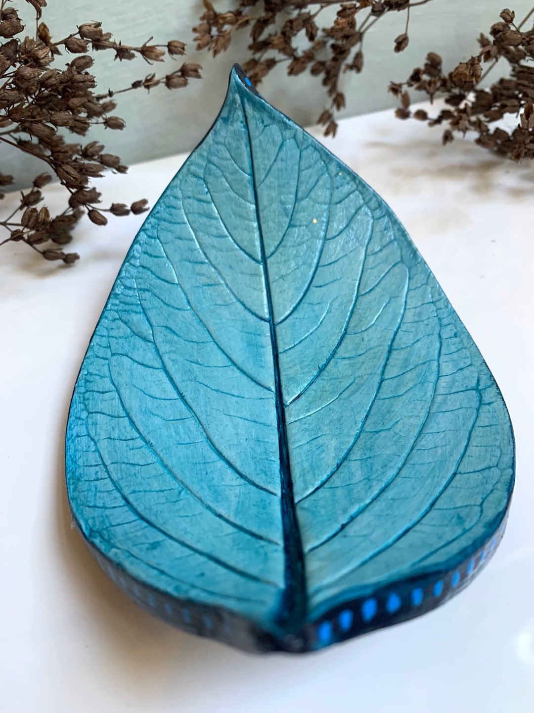 Handmade Decorative Blue Clay Leaf Dish, Tealight Holder Gift, Trinket ...