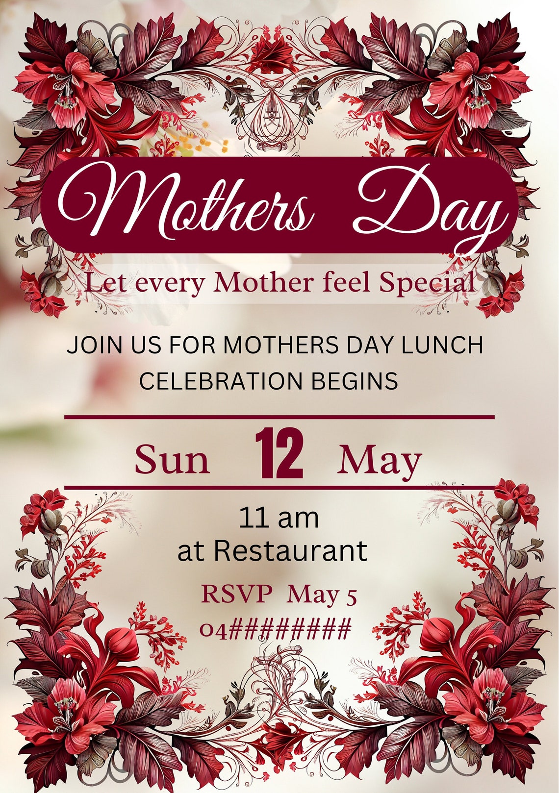 Mother's Day Lunch Invitation, Celebrate Moms, Editable Template, Text ...