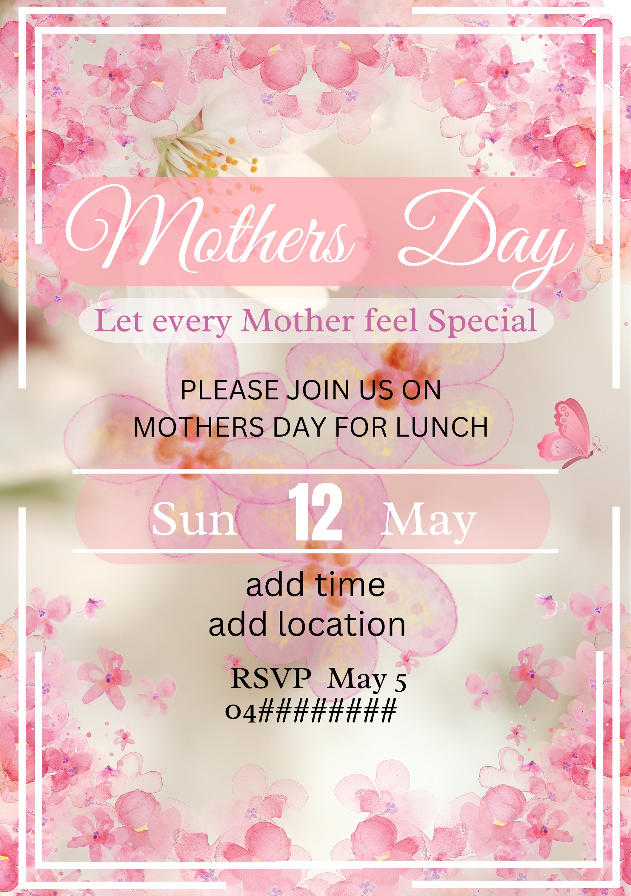 Happy Mothers Day Lunch Invitation, Celebrate Mom, Pink Flowers ...
