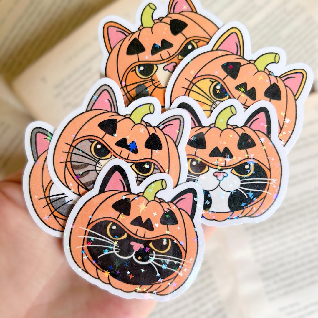 Pumpkin Cat Sticker | Cute Halloween Holographic Sticker | Waterproof ...