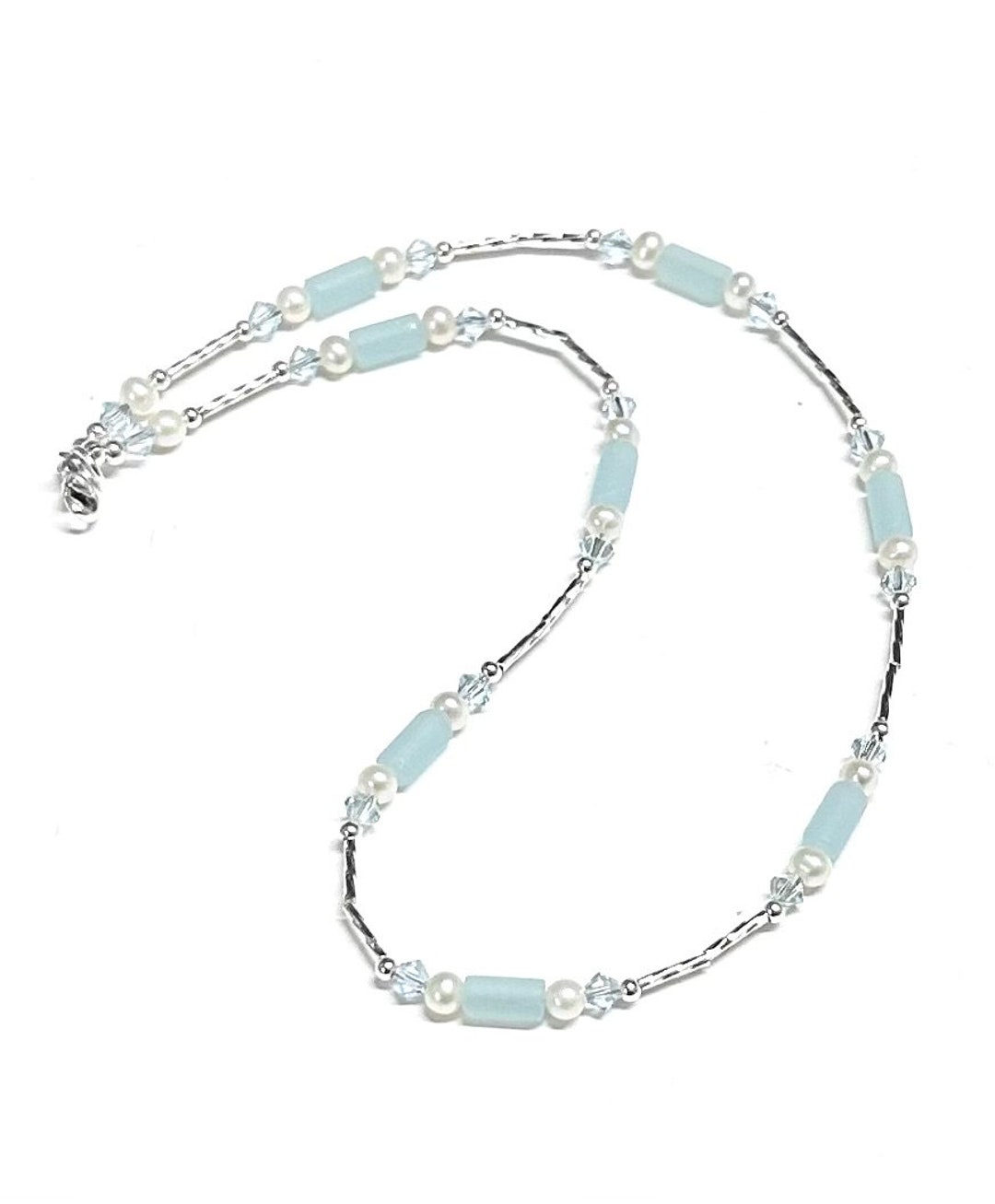 Sea Glass Inspired Necklace - Light Aqua - Pearls - Sterling Silver ...