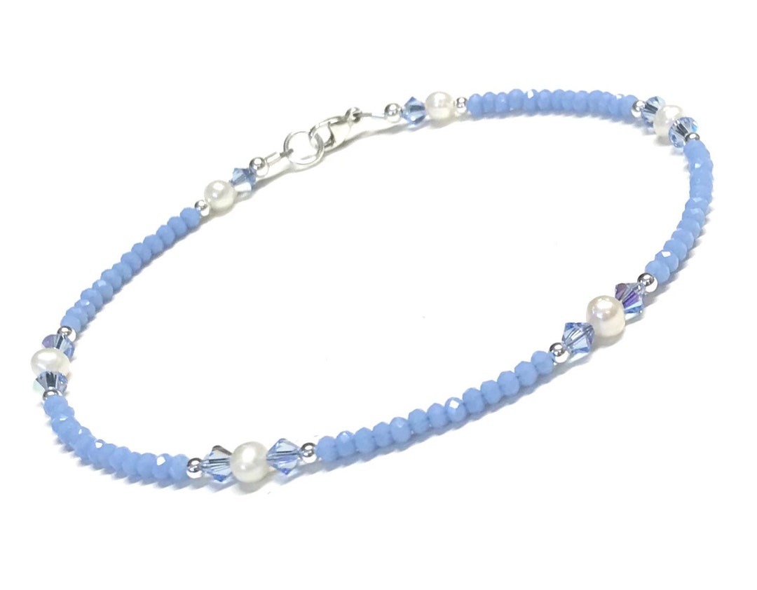 Light Blue Anklet - Pearl and Crystal Anklet - Sterling Silver - 9 - 10 ...