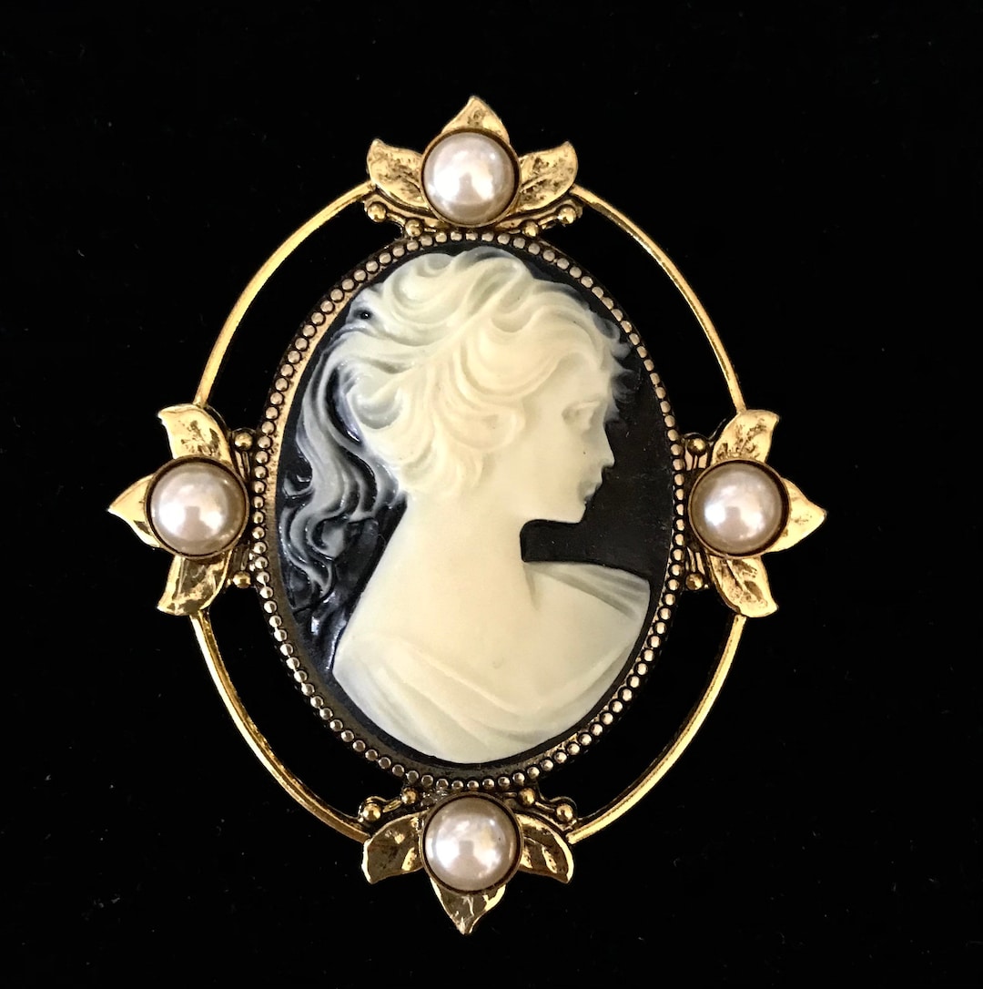 Black Cameo Brooch: Vintage-inspired Goldplated Pin With Pearl Accents ...