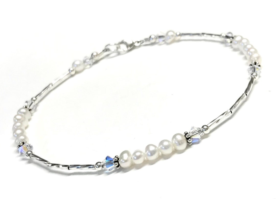 Dainty Pearl Anklet: Sterling Silver, Crystal AB, Bridal Jewelry - Etsy