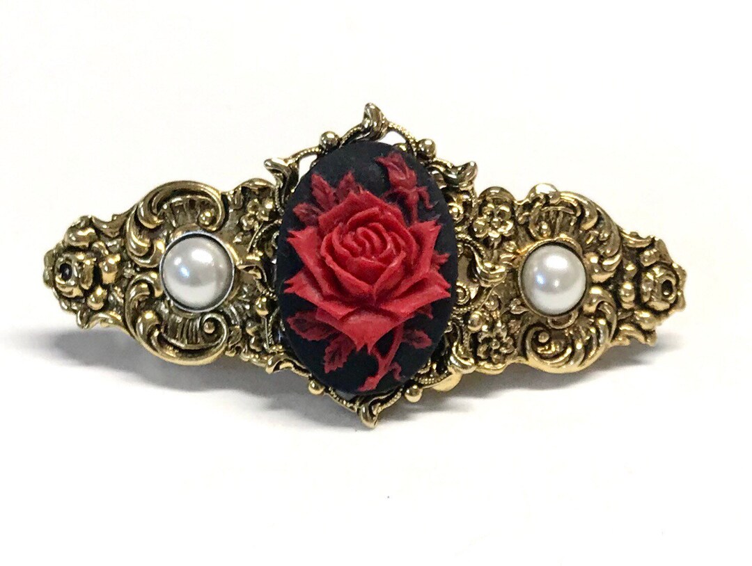 Red Rose Hair Barrette Rose Cameo Barrette French Clip Black and Red ...