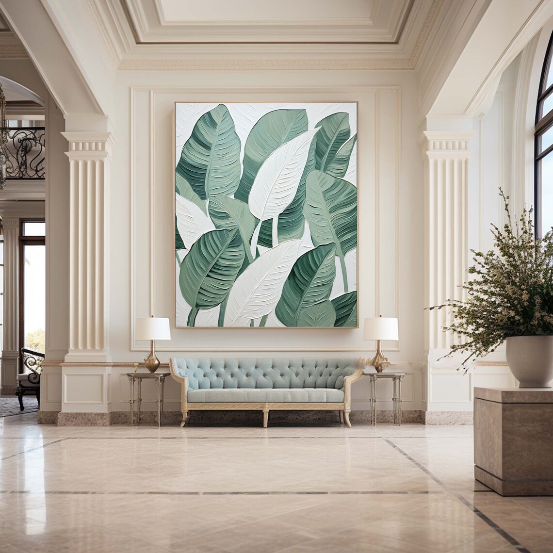 Abstract Green Leaf Textured Painting on Canvas Green and White Leaf ...