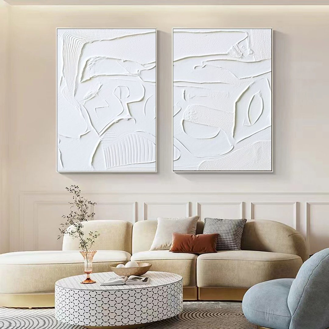 Abstract White Wall Art White 3D Texture Painting Set of 2 Minimalist ...