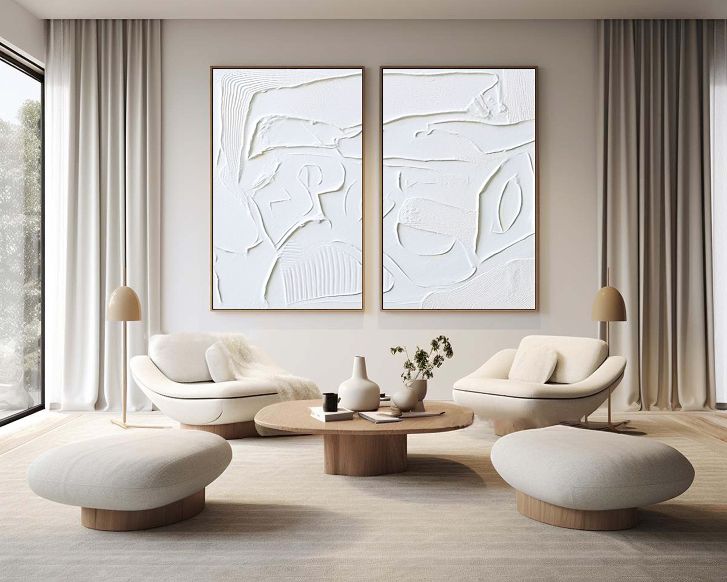 Abstract White Wall Art White 3D Texture Painting Set of 2 Minimalist ...