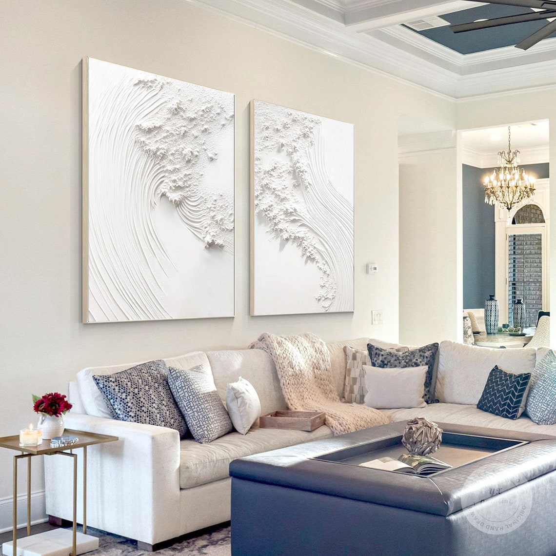 Abstract White Wave Textured Painting on Canvas Set of 2 Minimalist ...