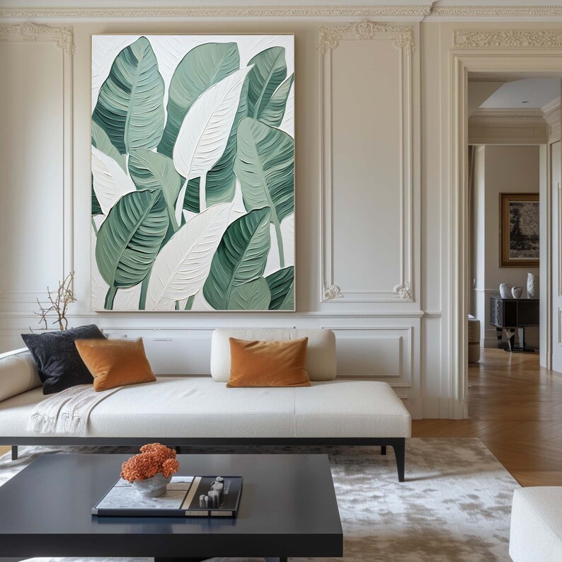 Abstract Green Leaf Textured Painting on Canvas Green and White Leaf ...