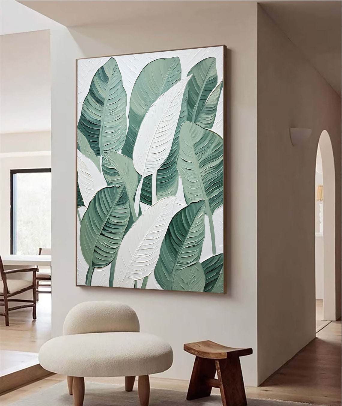 Abstract Green Leaf Textured Painting on Canvas Green and White Leaf ...
