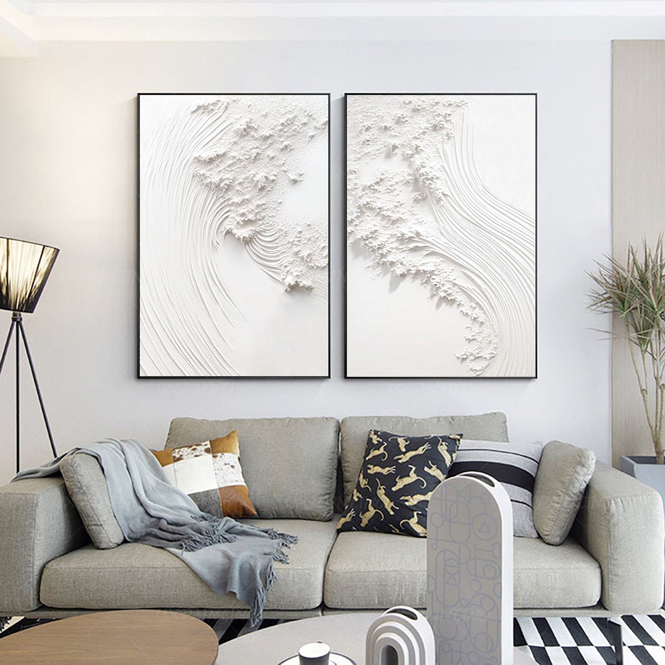 Abstract White Wave Textured Painting on Canvas Set of 2 Minimalist ...