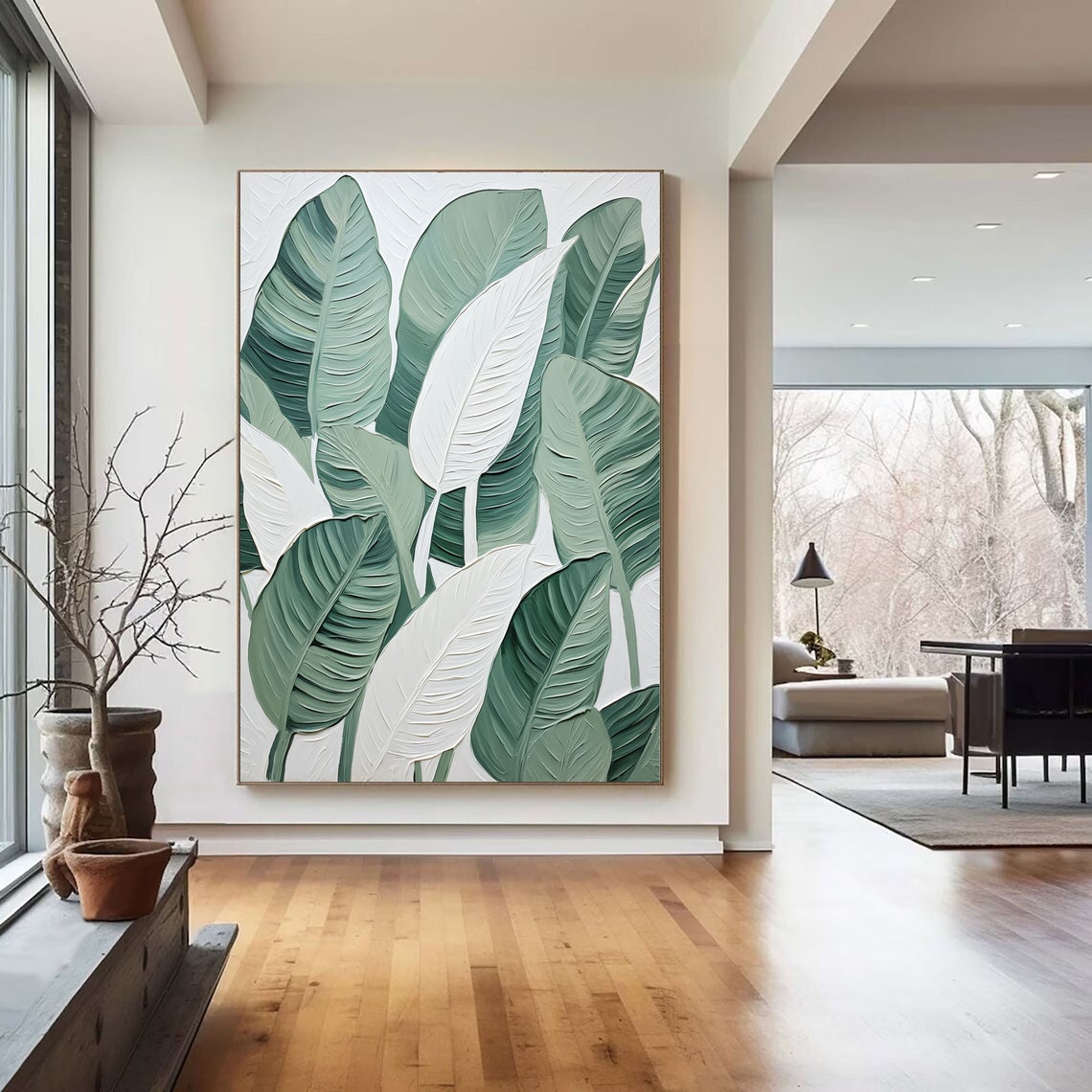 Abstract Green Leaf Textured Painting on Canvas Green and White Leaf ...