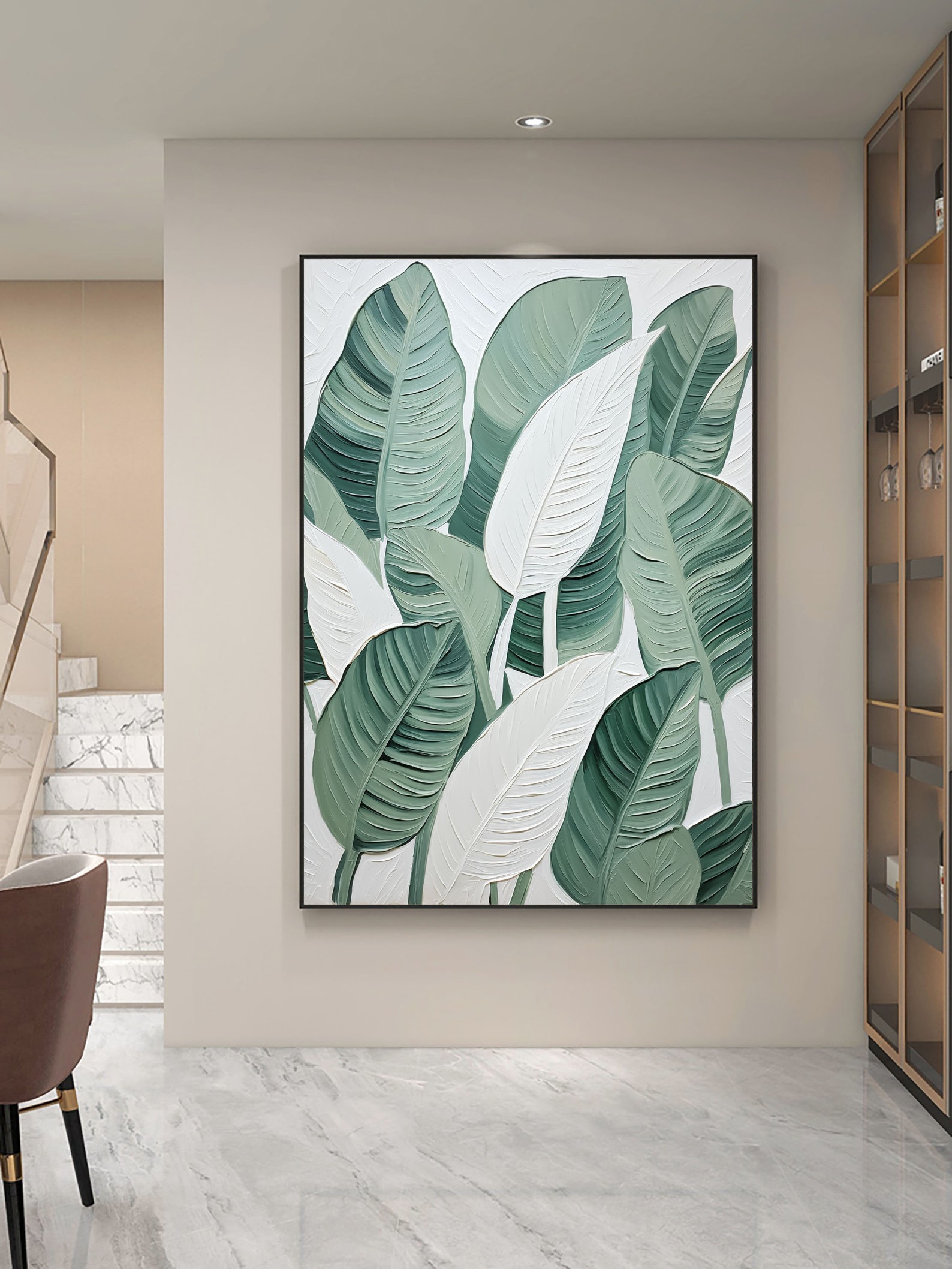 Abstract Green Leaf Textured Painting on Canvas Green and White Leaf ...