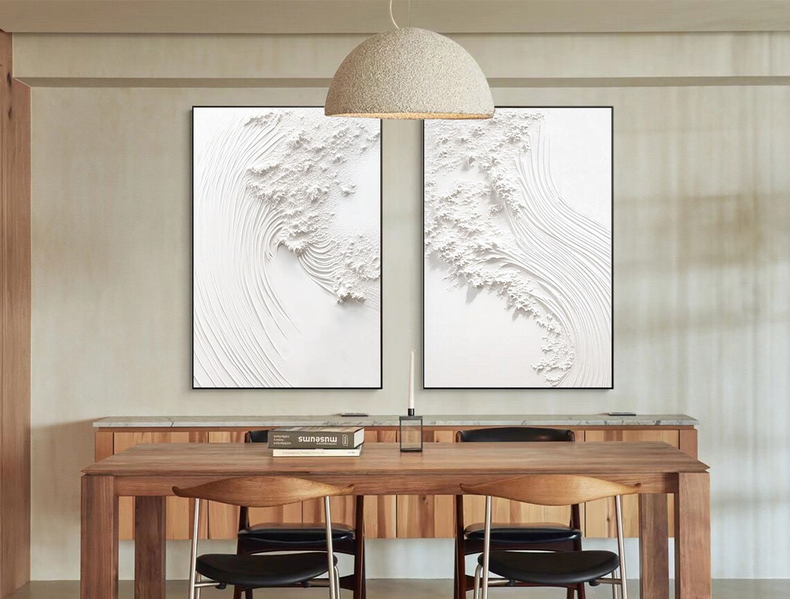 Abstract White Wave Textured Painting on Canvas Set of 2 Minimalist ...