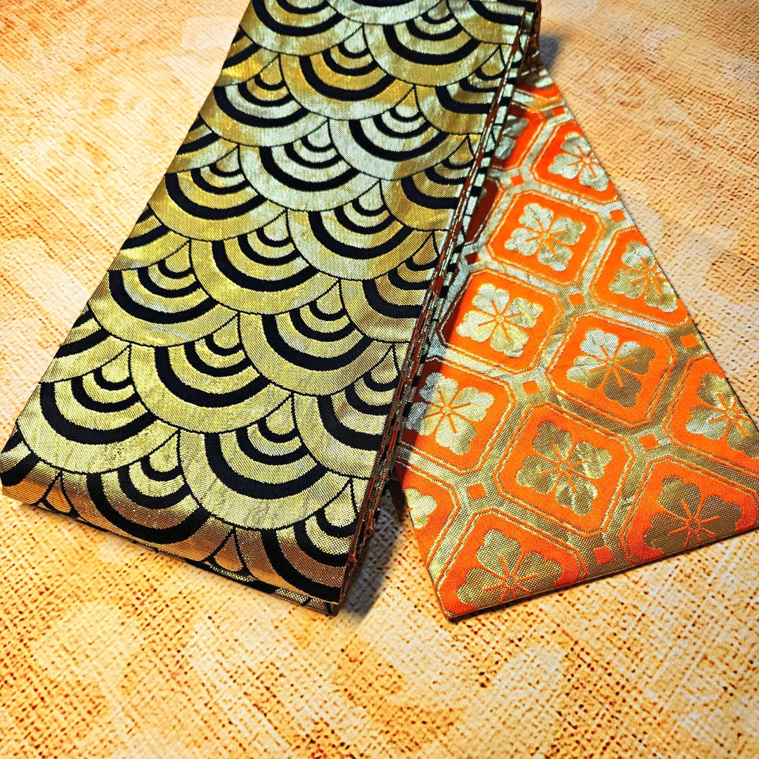 Stunning Reversible Hanhaba Obi, Gold Black Segaiha Waves & Gold ...