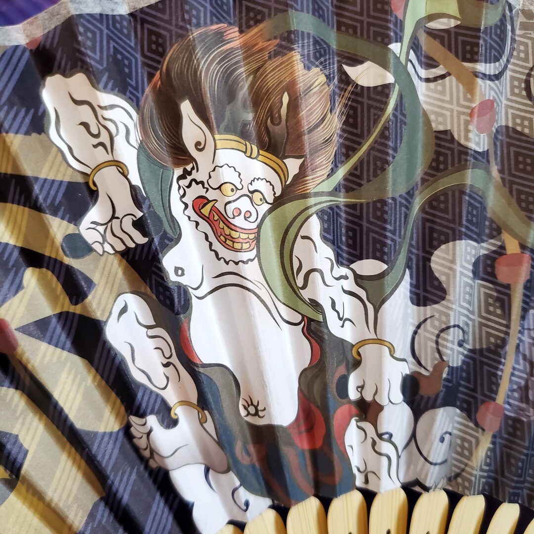Japanese Sensu Folding Fan With Oni Thunder Yokai Gods, Silk Hand Fan ...