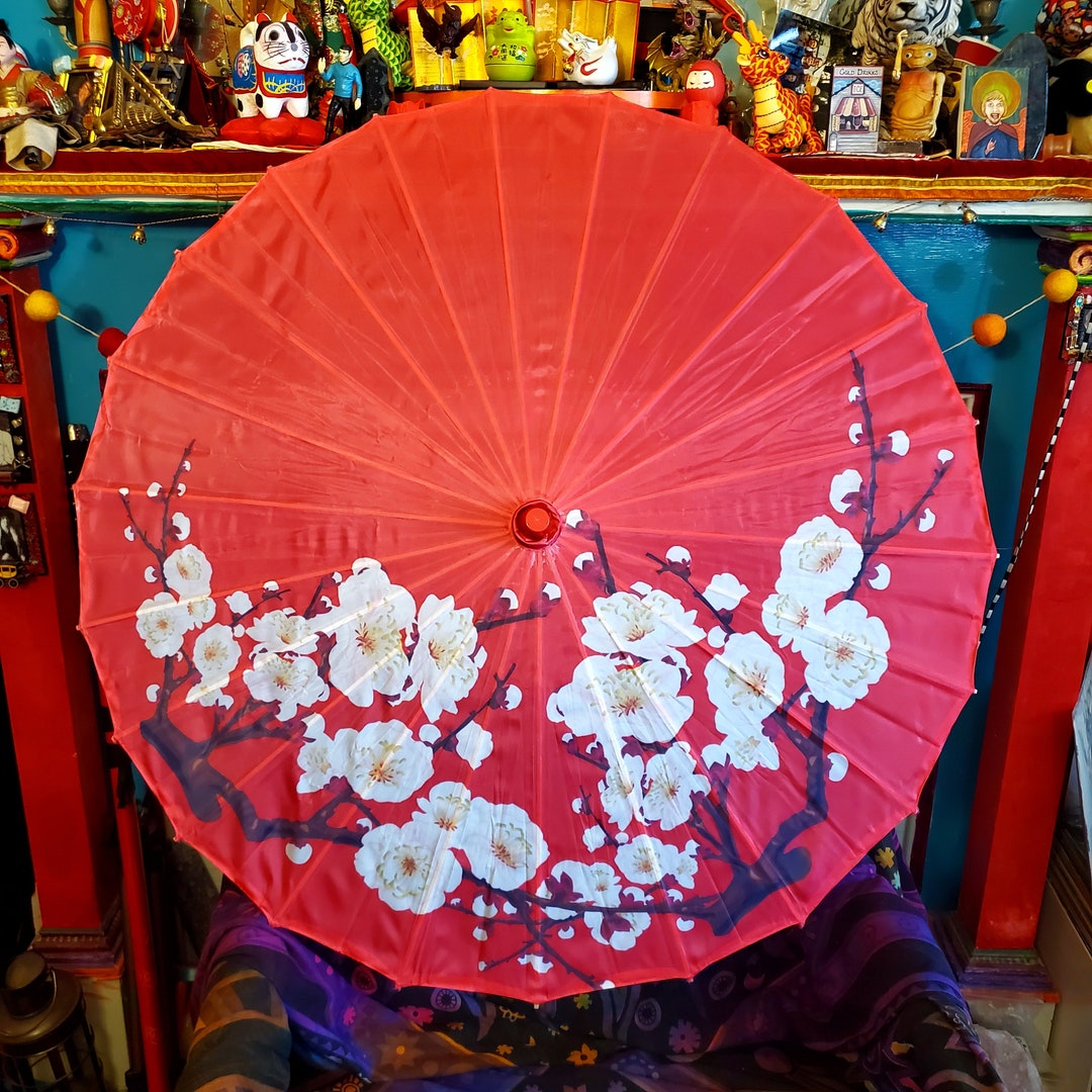 Pretty Red Silk Asian Parasol, Japanese Wagasa Umbrella With White Ume ...