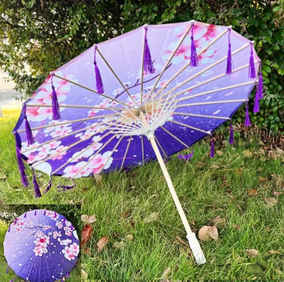 Asian Purple Parasol With Peach Flowers & Purple Silk Tassles ...