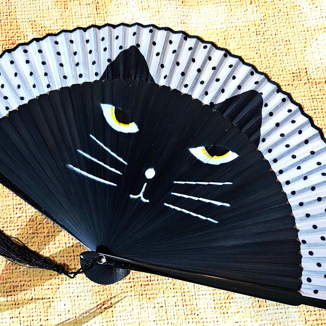 Japanese Black Kitty Sensu Folding Fan, Silver Black Cat & Dots W/ Silk ...