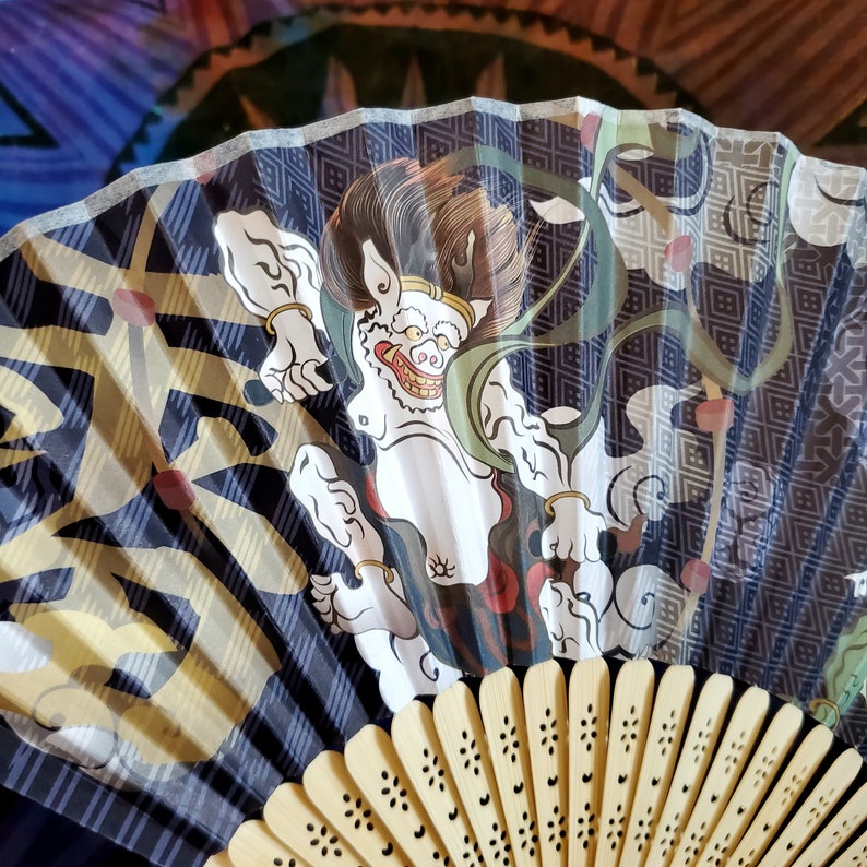 Japanese Sensu Folding Fan With Oni Thunder Yokai Gods, Silk Samurai ...