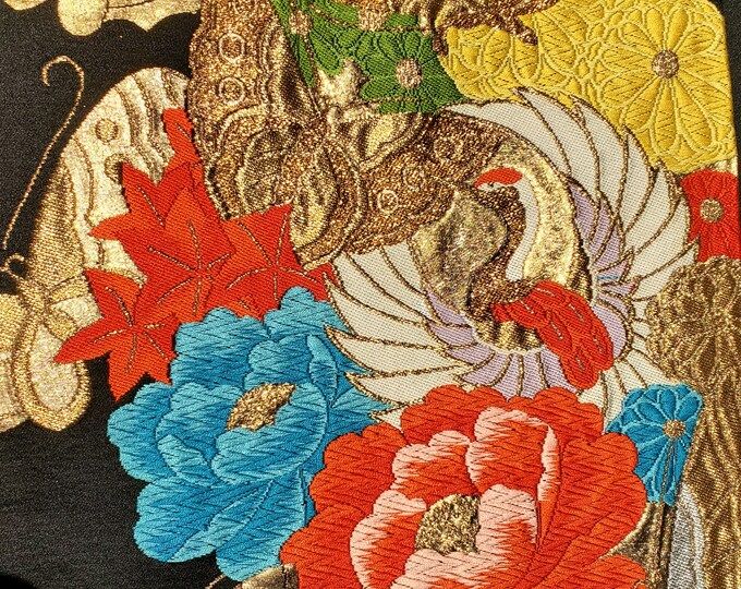 Rare Stunning Antique Japanese Fukuro Obi, Silk Kimono Sash Belt, Phoenix Butterfly & Flower ...