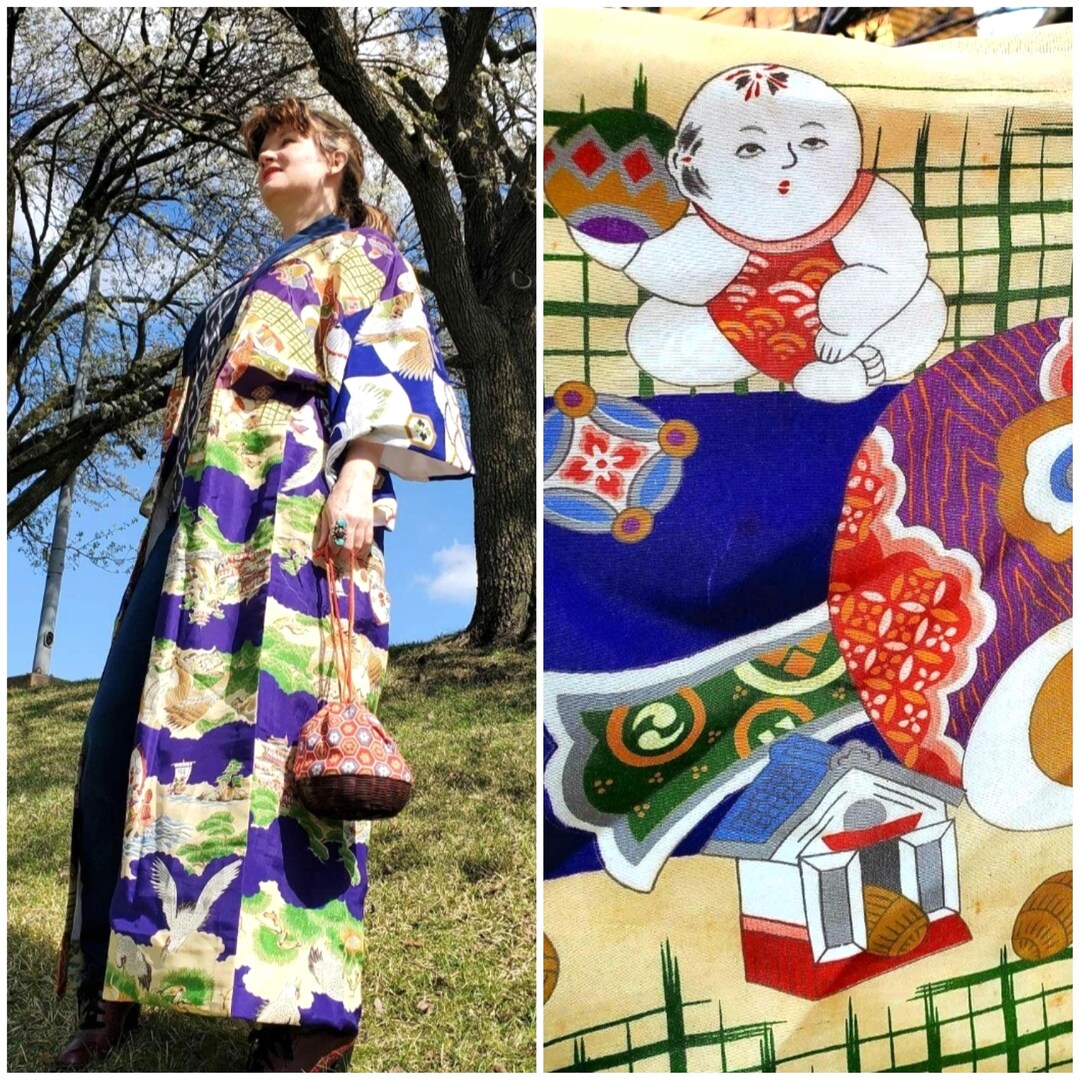 Rare Japanese Silk Juban Dolls Kimono, Colorful Womens Patchwork Kimono ...
