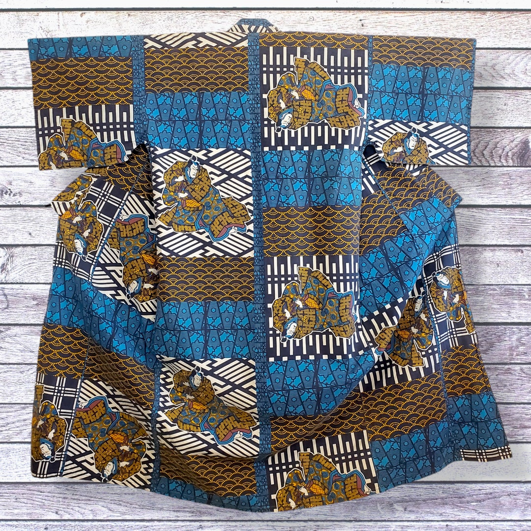 Rare Samurai Mens Yukata, Japanese Shogun Patchwork Pattern in Blue ...