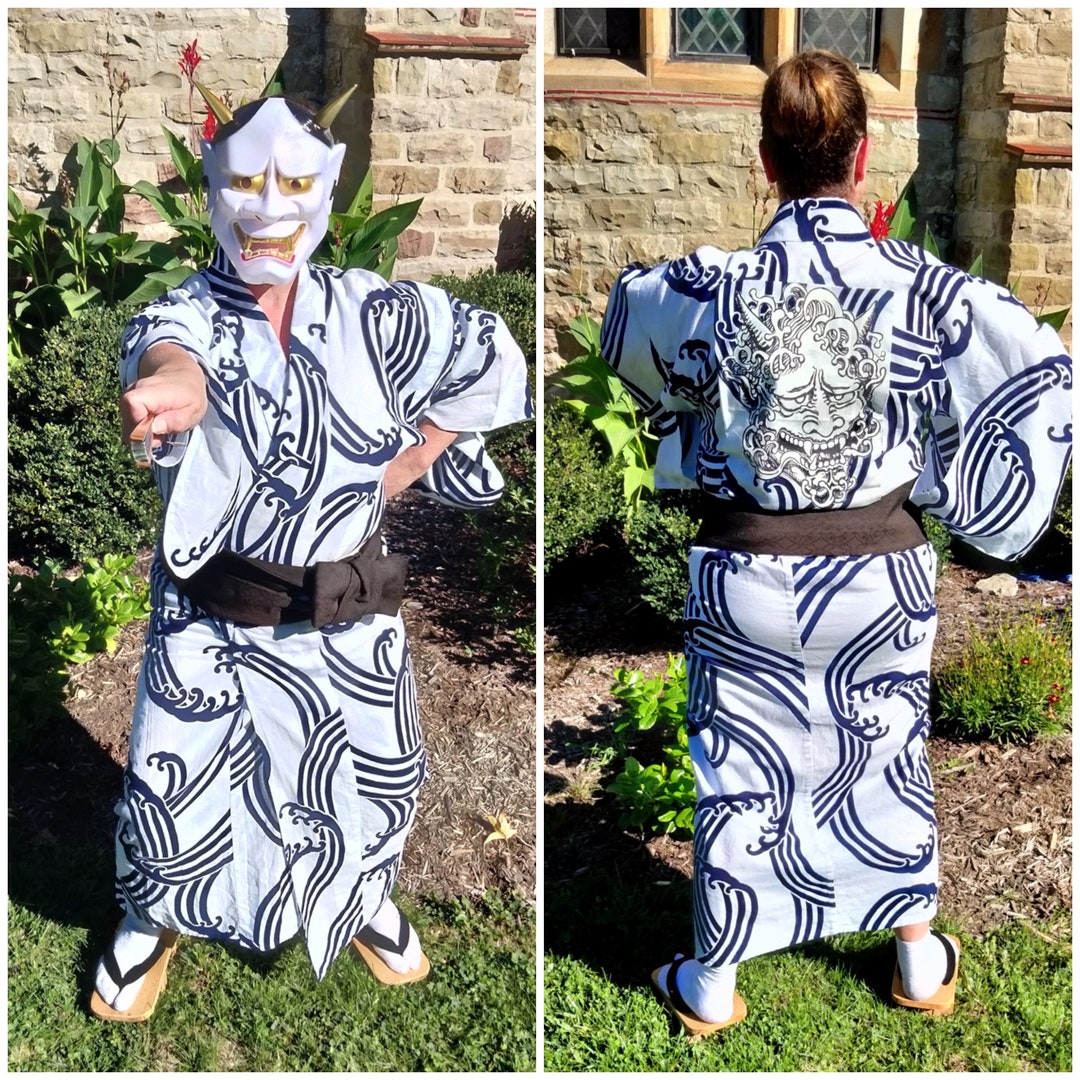 Vintage Yukata Hannya Yokai Art & Japanese Waves Pattern, Japan Oni ...