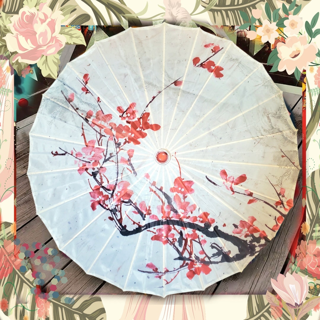 Asian Parasol, Wagasa Sun Umbrella, Red Pink Ume Flower Blossoms on ...