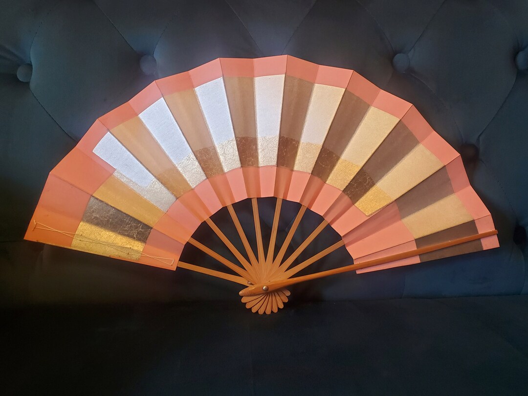 Pretty Japanese Mai Ogi Sensu Folding Fan, Peach Gold & Silver Abstract ...