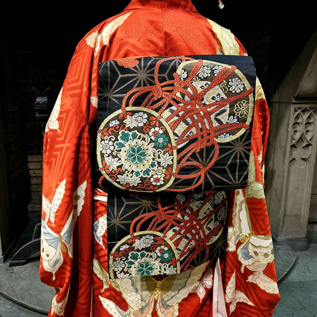 Rare Vintage Silk Nagoya Obi Belt With Taiko Drum, Flowers Asanoha ...