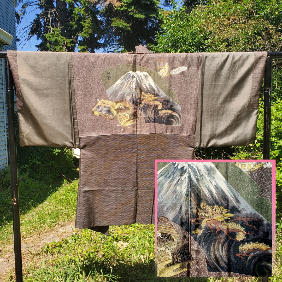 Mens Haori Samurai Kimono Jacket Set, Dragon Mt. Fuji Art, Vintage Silk ...