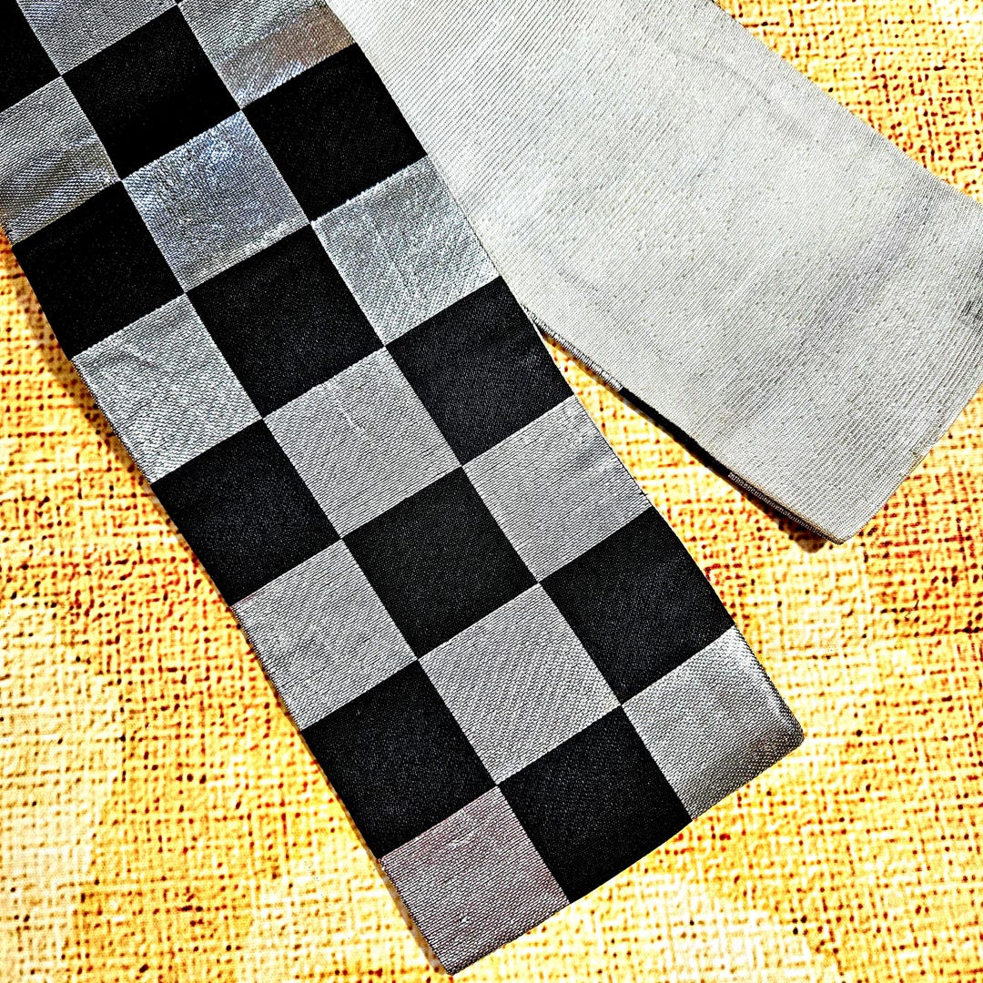 Stylish Mens Checkered Kaku Obi, Black & Silver Checker Squares ...