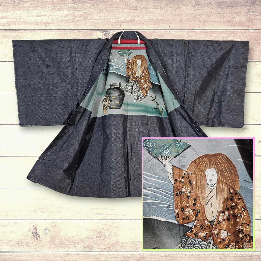 Vintage Japanese Men's Haori Kimono Jacket, Noh Theater Actor Art, Blue ...