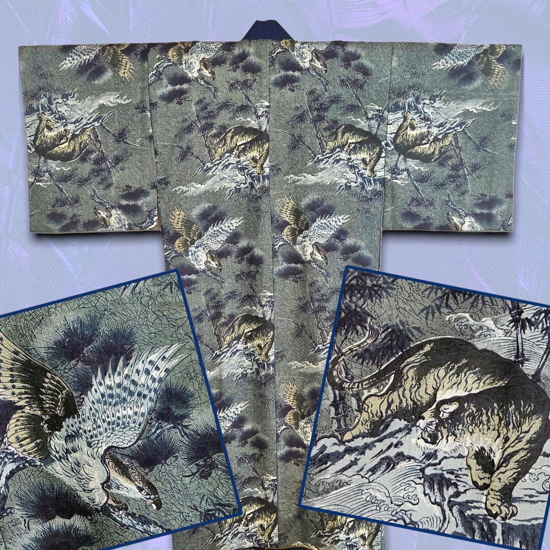 Stylish Vintage Japanese Men's Kimono With Tigers Hawks in Jungle, Jade ...