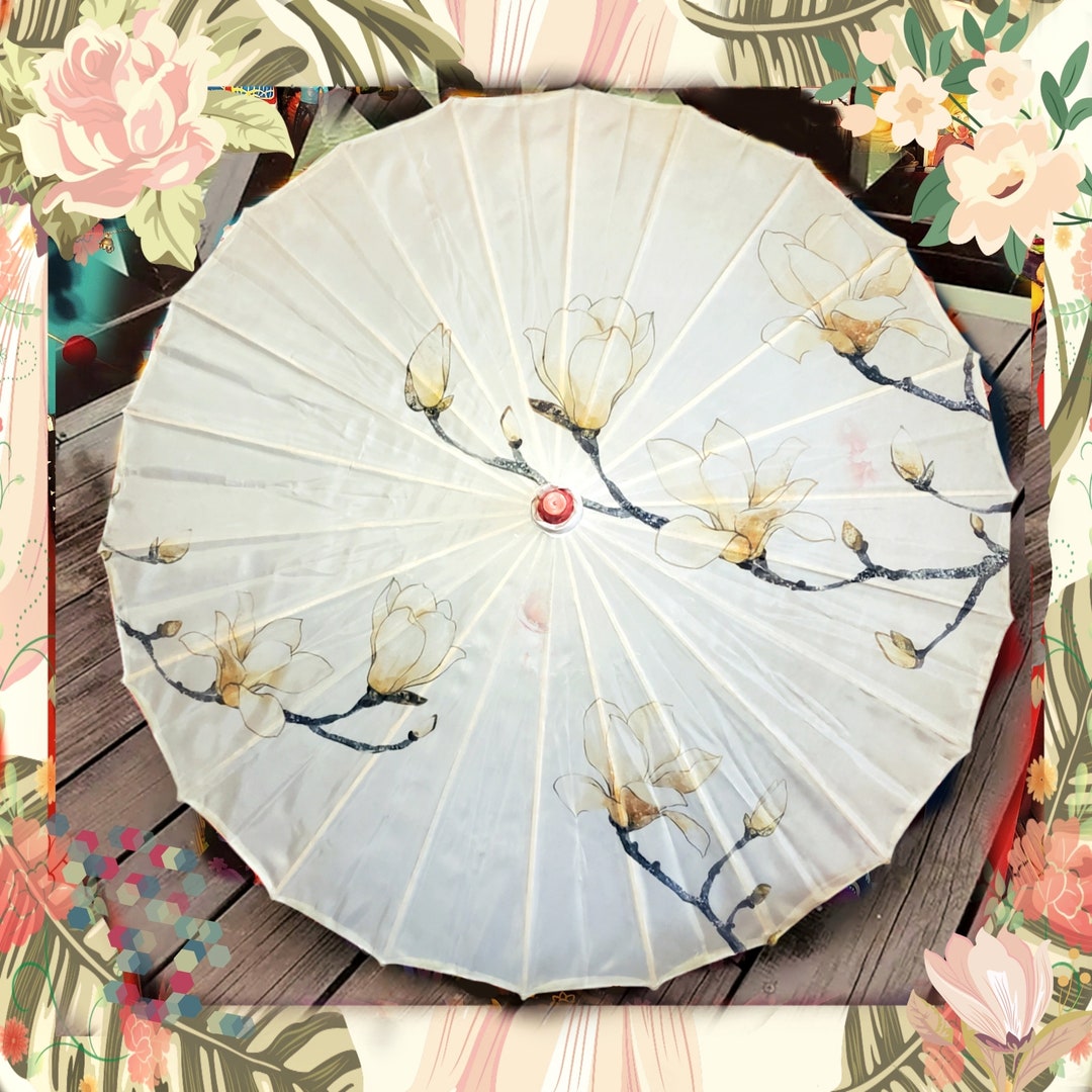 Asian Parasol, Wagasa Sun Umbrella, Magnolia Flowers, White Gold ...