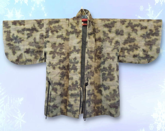 Japanese Silk Haori Kimono Jacket, Rare Moss Green Camouflage Pattern ...