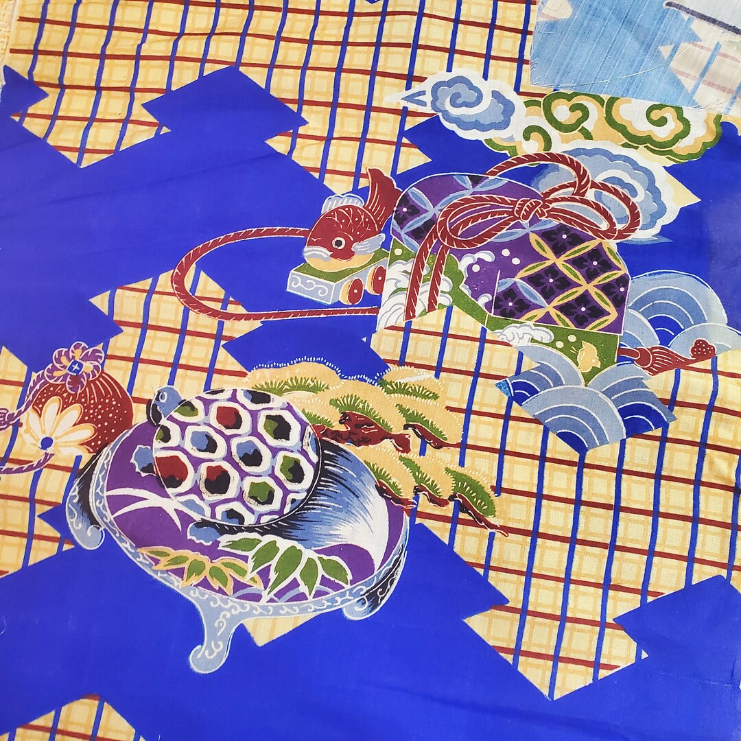 Antique Japanese Silk Fabric for Boys Kimono, Fish Turtles Ships Animal ...