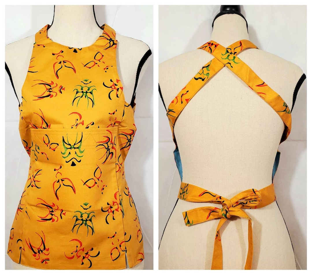 Japanese Cross Back Apron, Multiple Pockets & Kabuki Masks, High ...