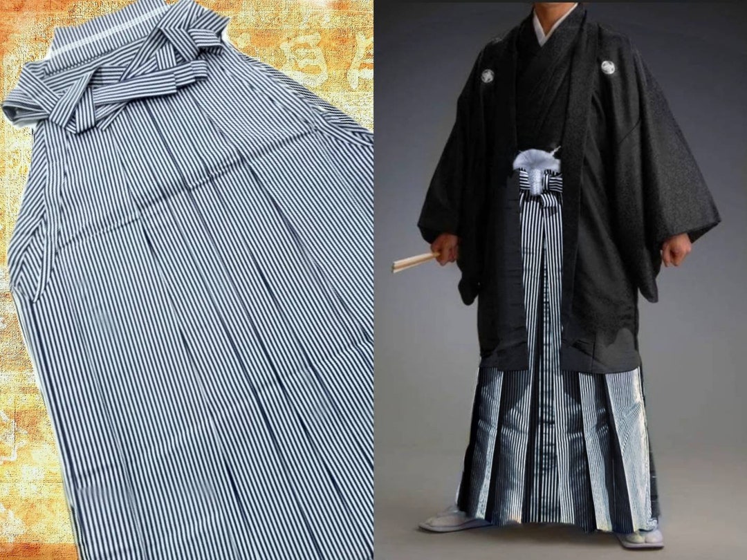 Hakama, Men's Hakama, Japanese Samurai Hakama, Blue Black & Grey Stripe Polyester, Andon Hakama ...