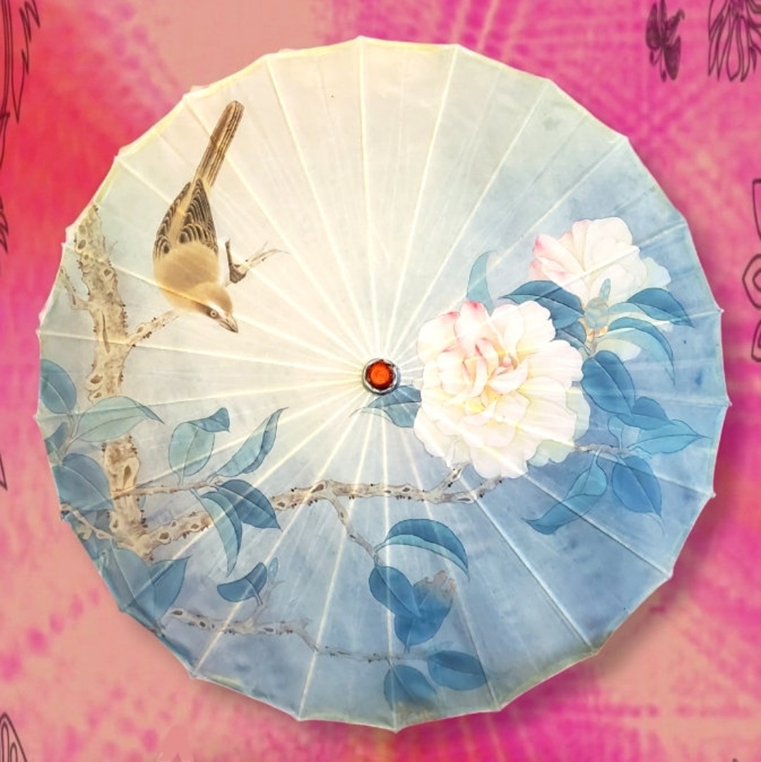 Asian Parasol, Wagasa Sun Umbrella, Bird & Peony Flowers on Blue ...