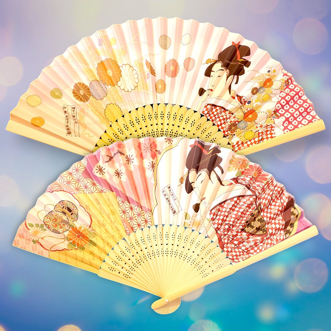 Japanese Folding Fan, Ukiyo-e Art Pretty Woman Geisha, Silk Hand Fan ...